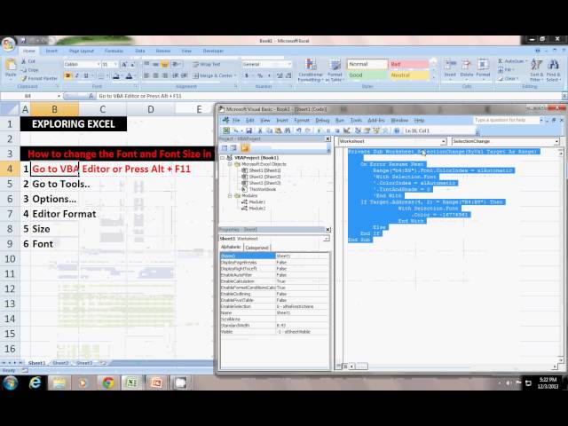 فیلم آموزشی Excel Vba چگونه فونت و اندازه فونت را در ویرایشگر Vba