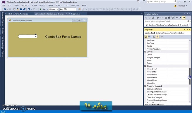 فیلم آموزش نمایش لیستی از فونتها در ComboBox با سی شارپ #C - آموزش سی شارپ c#.net لرن پروگرم 98