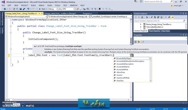 فیلم آموزش تغییر سایز فونت Label با استفاده از TrackBar با سی شارپ #C - آموزش سی شارپ c#.net لرن ...